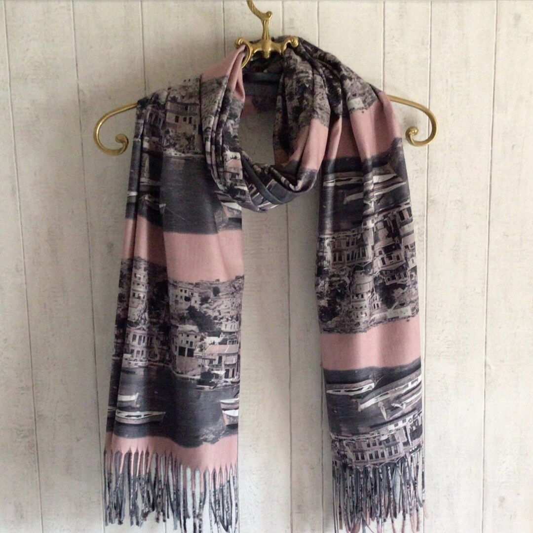 Pink Grey Boats Houses Design Scarf /pink Shawl / Pink/grey Town Scene ...