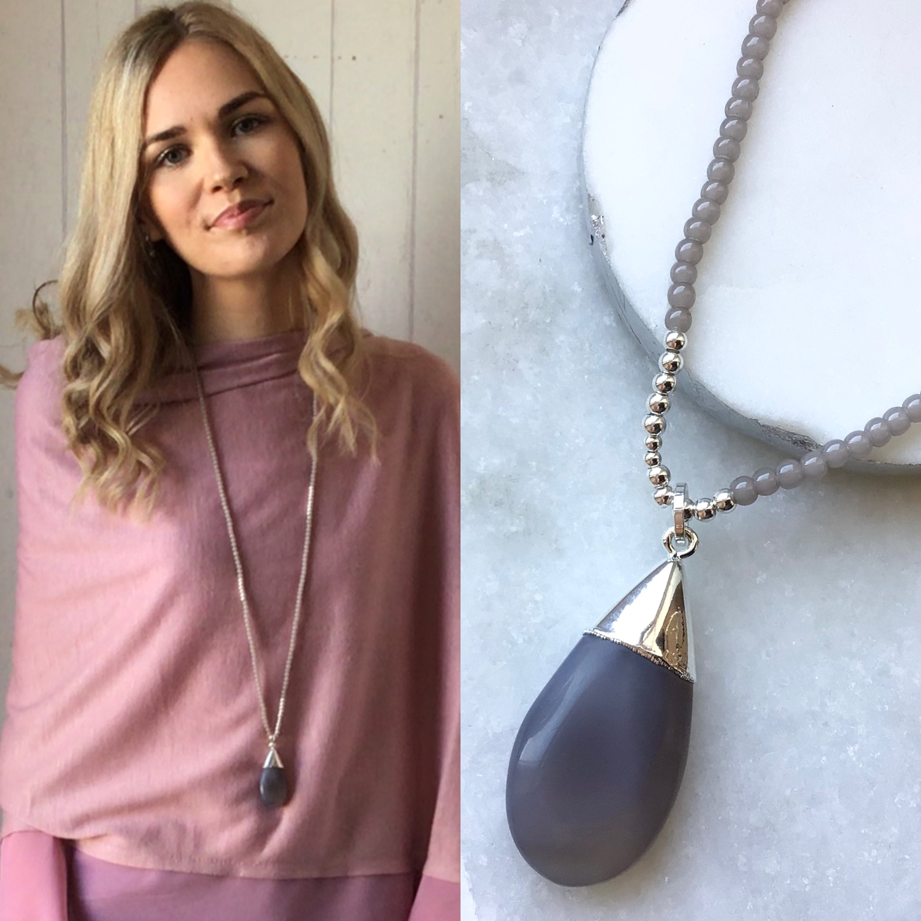 Natural Stone Pendant / Long Grey Beaded Chain Necklace / - Etsy UK