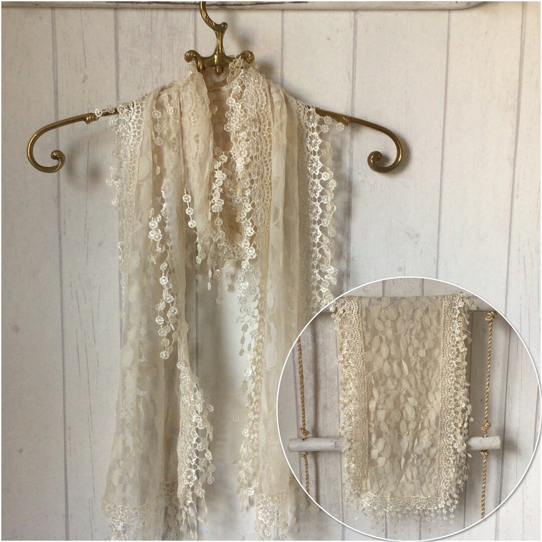 CREAM LEAF SCARF Vintage Style Cream Lace Scarf / Cream Leaf Lace Scarf ...