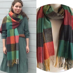 Autumnal RED GREEN SCARF / Red Green Yellow Square Design Scarf /red ...