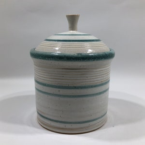 Signed STRIPED STONEWARE CANISTER Creamy White/turquoise Glazed Lidded ...