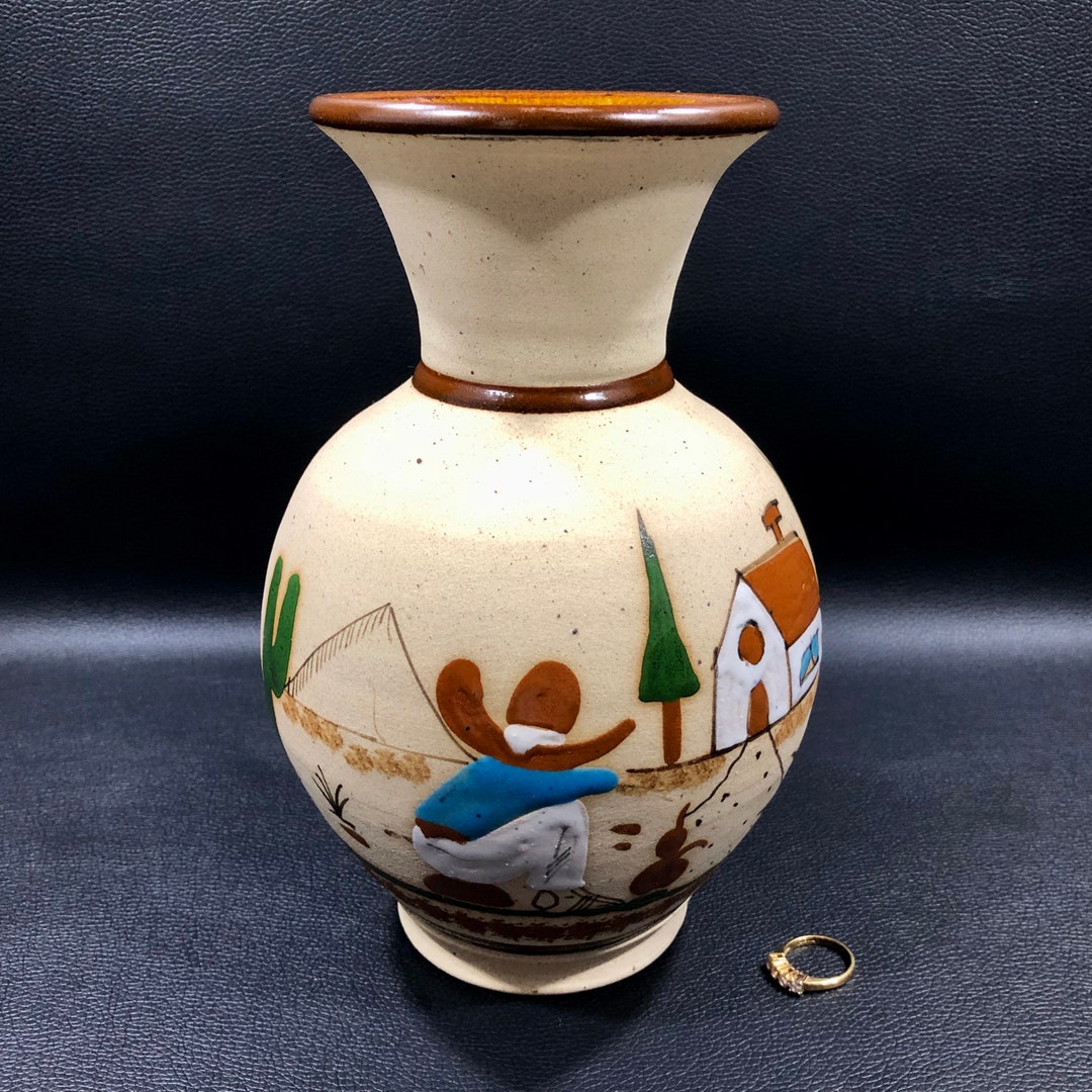 Mexican Folk Art TONALA POTTERY VASE Desert Landscape Siesta W ...
