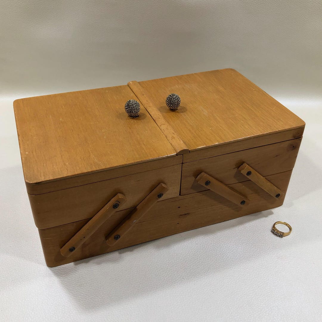 Wooden Two-tiered CANTILEVER SEWING BOX ~ Expandable Beech Wood Craft ...