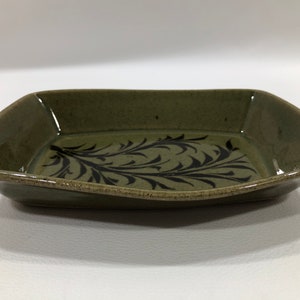 Signed MARK BLUMENFELD TRAY 8"x 6" ~ Green Glazed Ceramic Bowl W/ Hand ...
