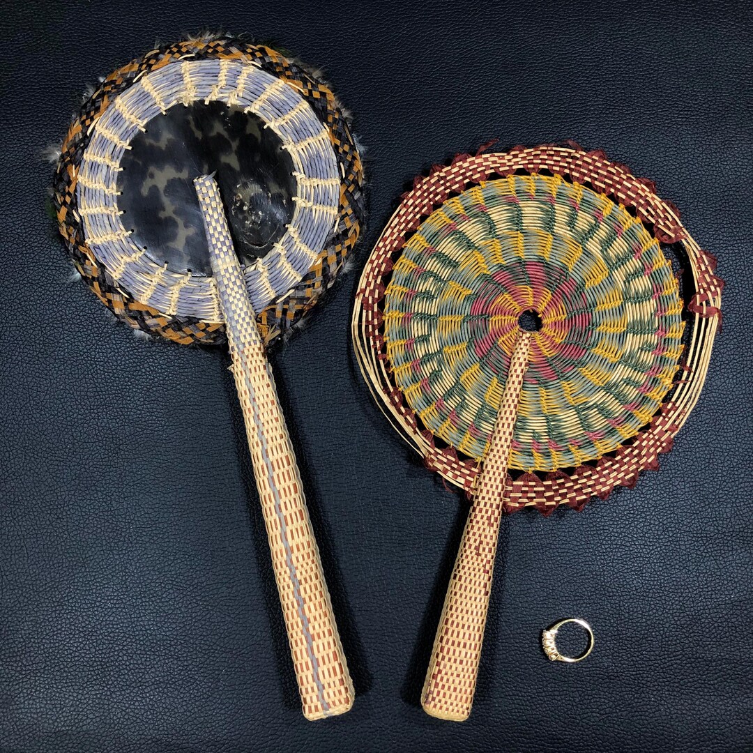 Antique MICRONESIAN WOVEN FANS 2 Dyed Straw, Feather, Fiber & Shell ...