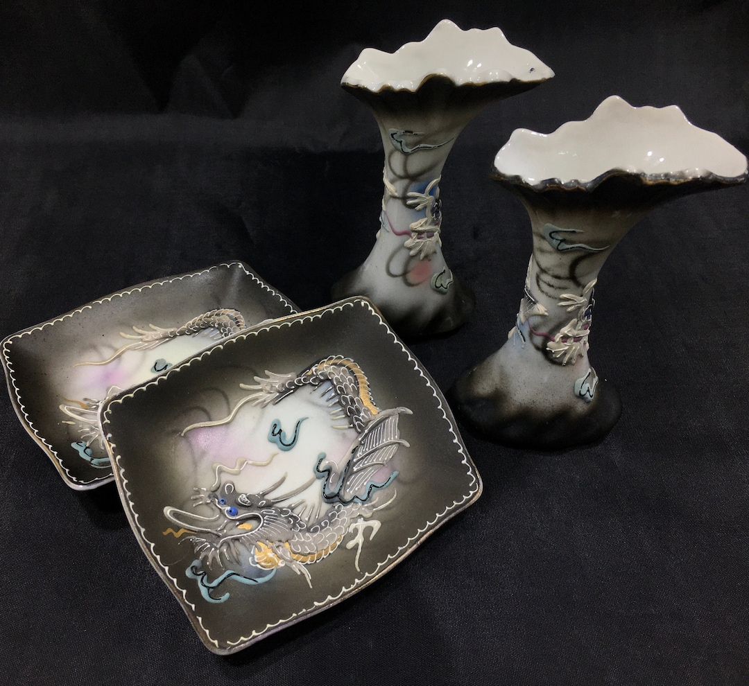 Vintage CERAMIC MORIAGE DRAGONWARE 2 Bud Vases, 2 Trinket Dishes ...
