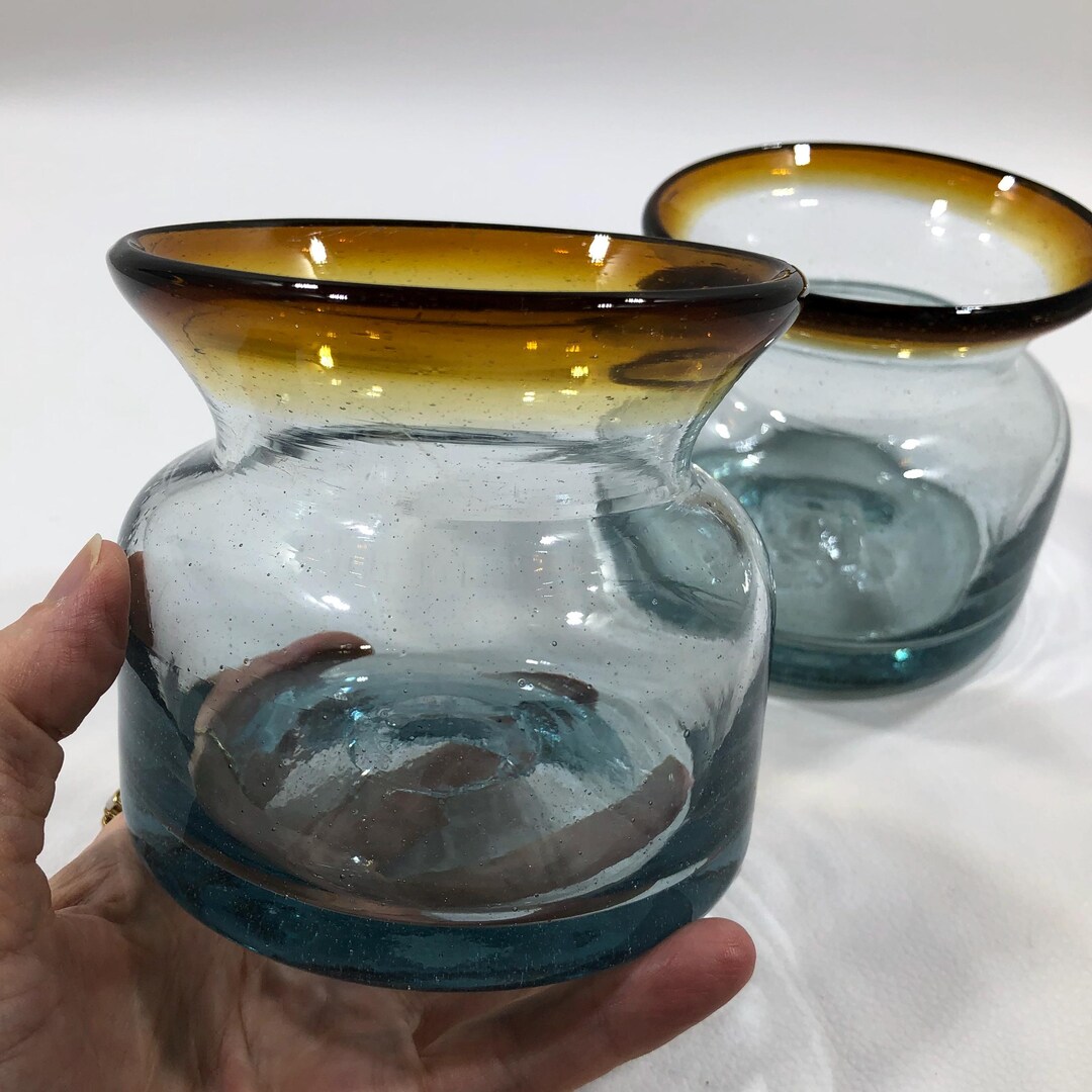 Mexican Amber Rimmed GLASS VASES / JARS Set of 2 Bluish Clear Hand ...