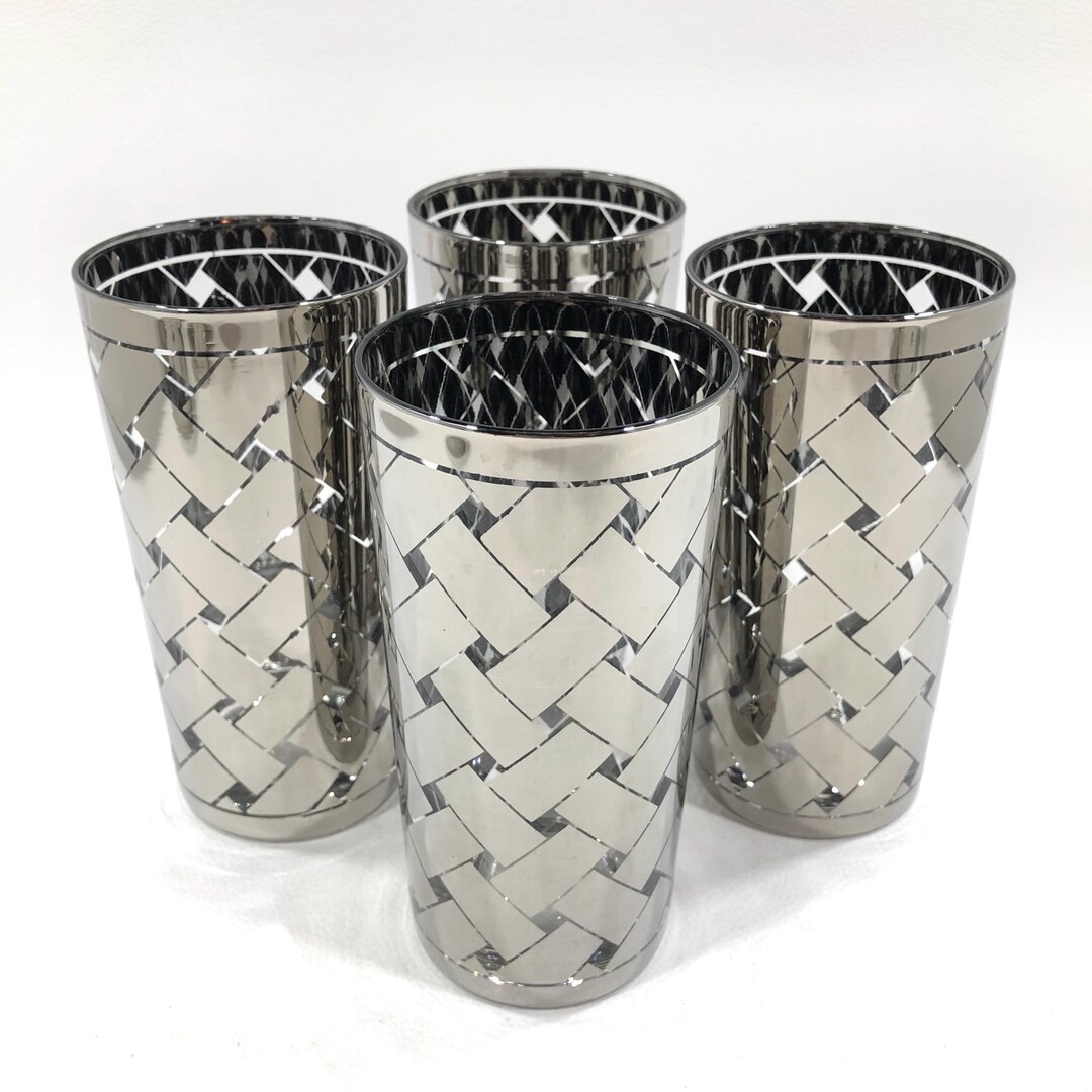 Lusterware HIGHBALL & LOWBALL GLASSES W/ Silver Basketweave Pattern ...