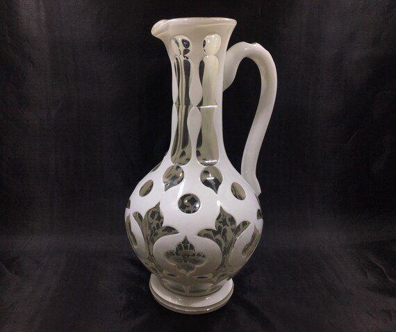 Antique BOHEMIAN GLASS PITCHER White Cut to Clear Overlay - Etsy