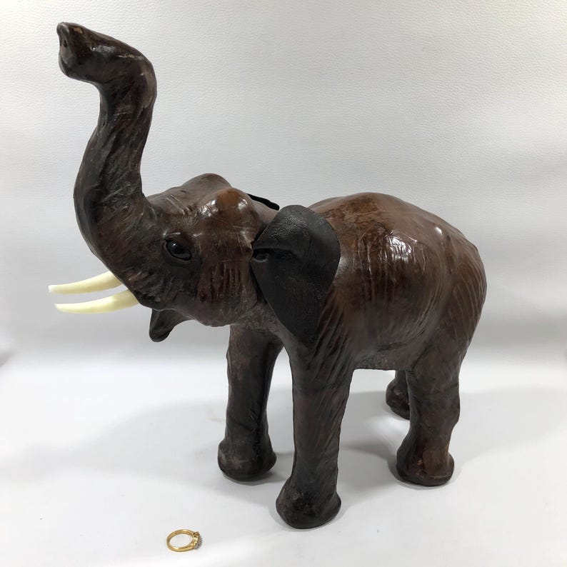 LEATHER COVERED ELEPHANT Statue W/ Trunk up 13" ~ Dark Brown Hand ...