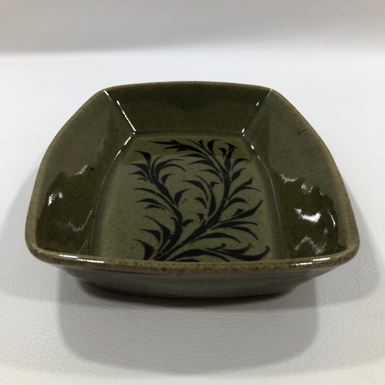 Signed MARK BLUMENFELD TRAY 8"x 6" ~ Green Glazed Ceramic Bowl W/ Hand ...