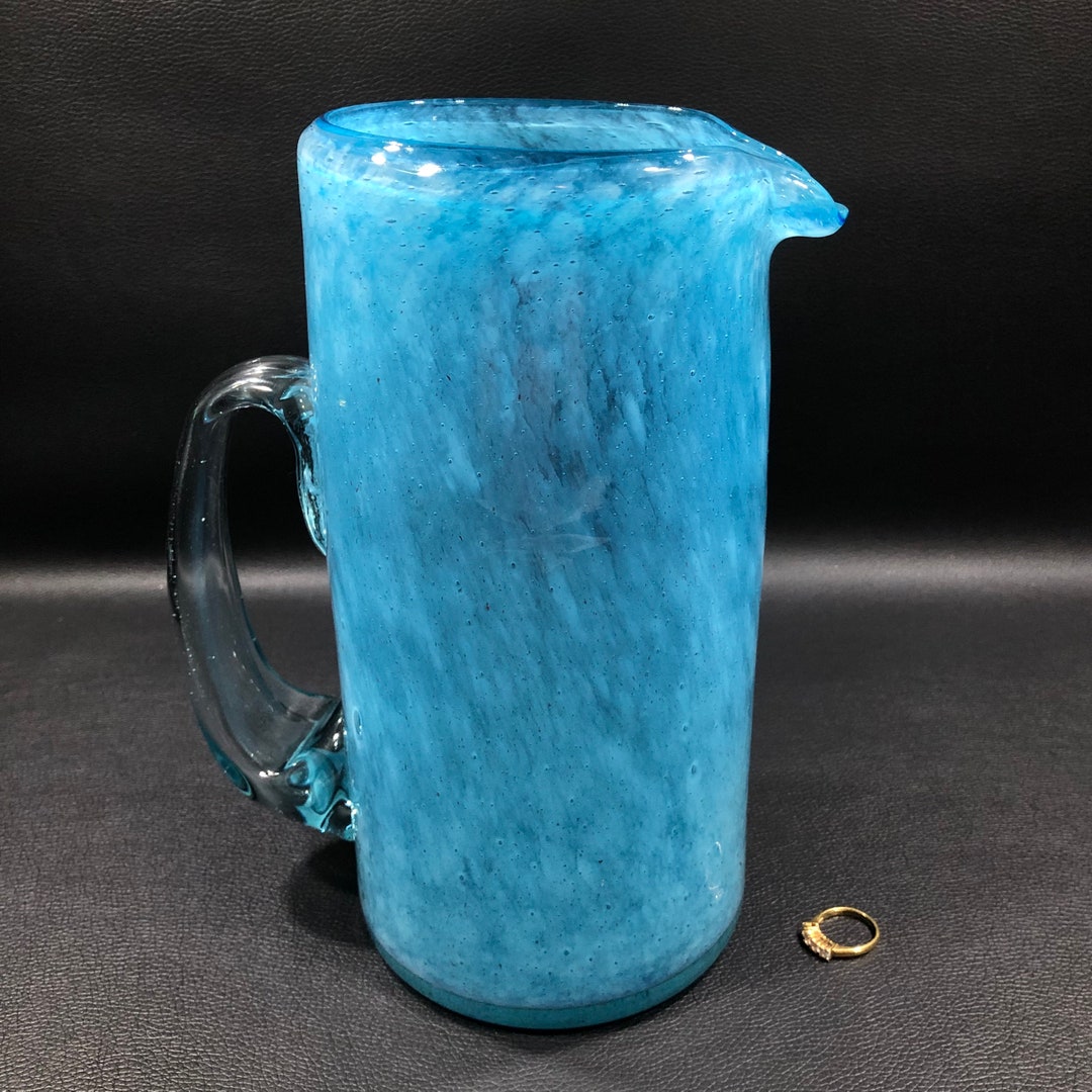 Hand Blown CRATE & BARREL Calypso Aqua Pitcher 9" ~ Teal Blue/clear ...