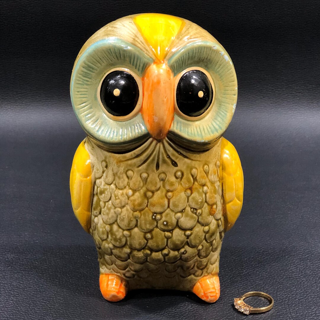 Vintage Ceramic OWL COIN BANK Sculpture 6" ~ Hand Painted Bird Figurine ...