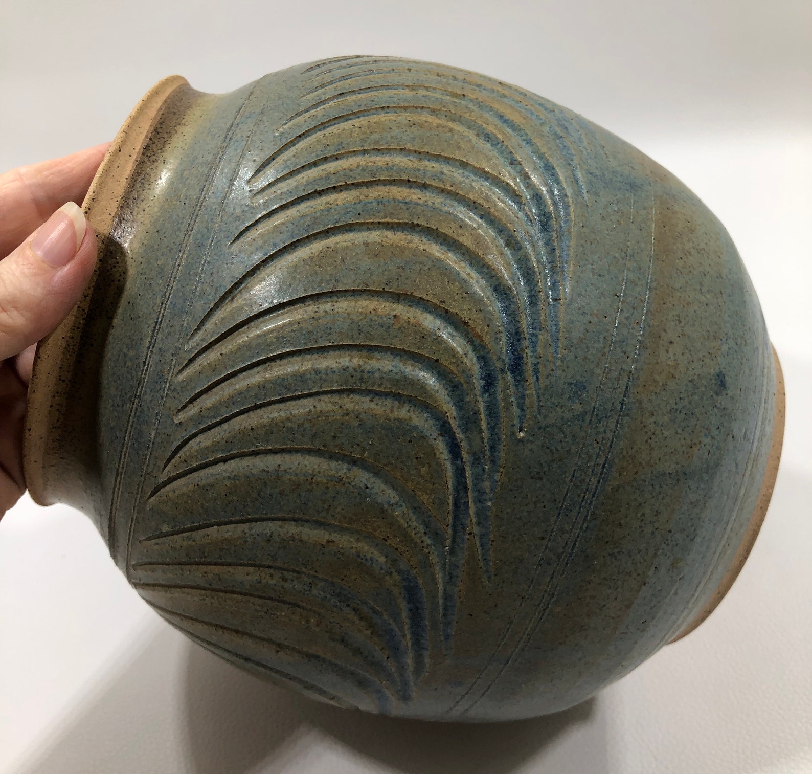 Massey Signed CARVED STONEWARE VASE Art Deco Style 7" ~ Round Wheel ...
