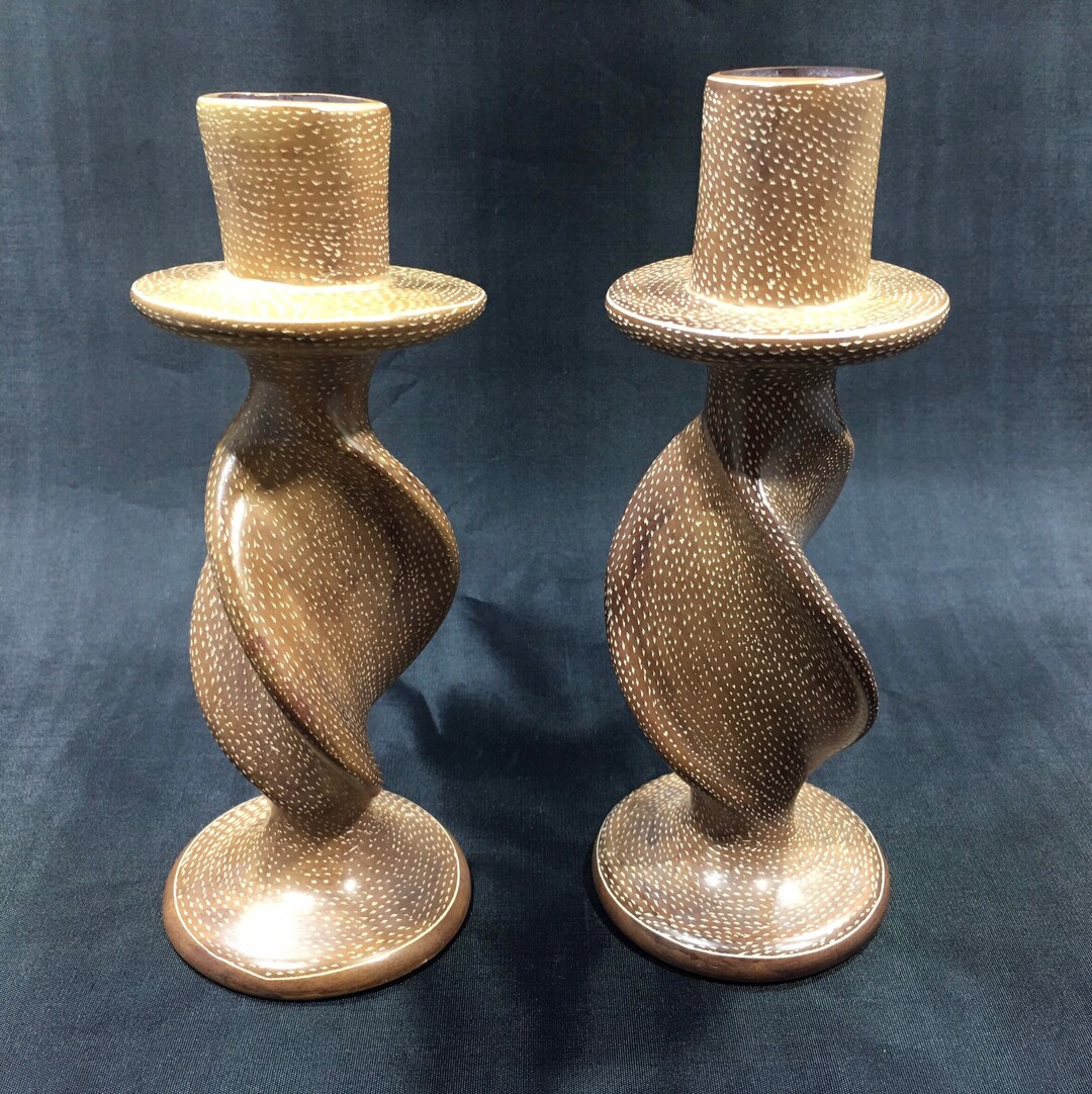 SOAPSTONE CANDLESTICK HOLDERS Made in Kenya Hand Carved Brown Speckled ...