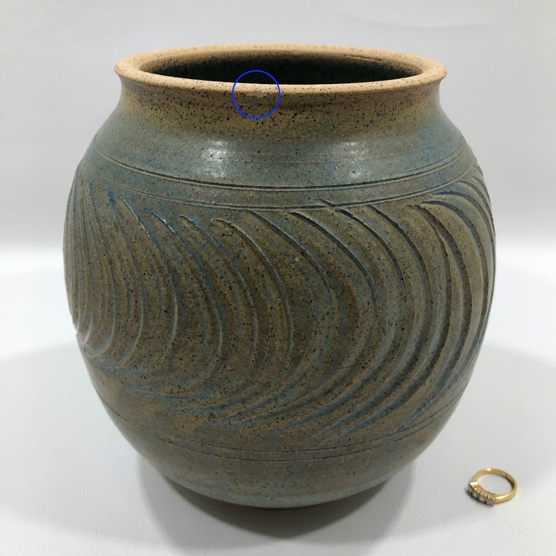 Massey Signed CARVED STONEWARE VASE Art Deco Style 7" ~ Round Wheel ...