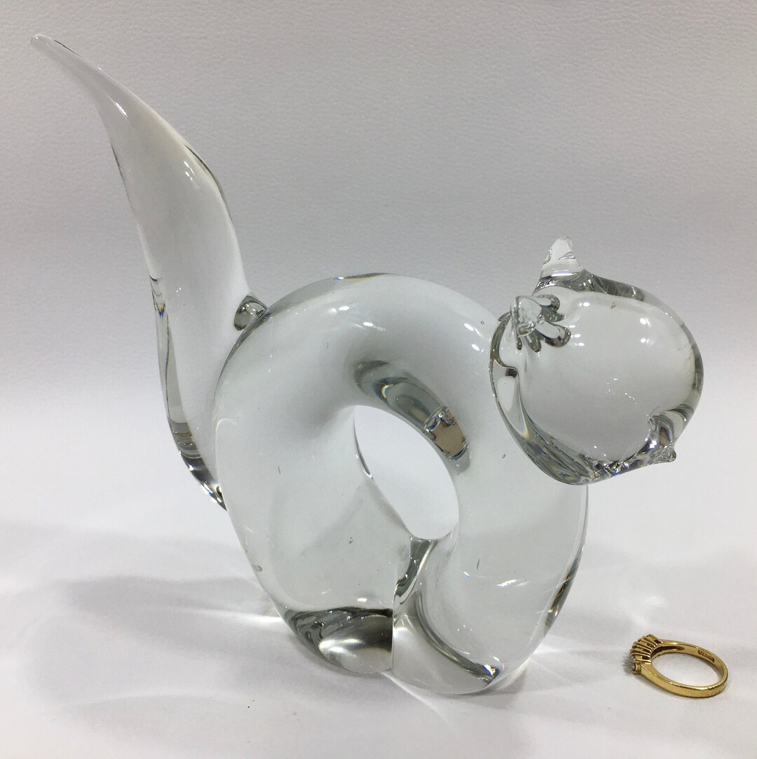 CRYSTAL CAT PAPERWEIGHT Abstract Figurine ~ Sparkling Hand Blown Clear ...