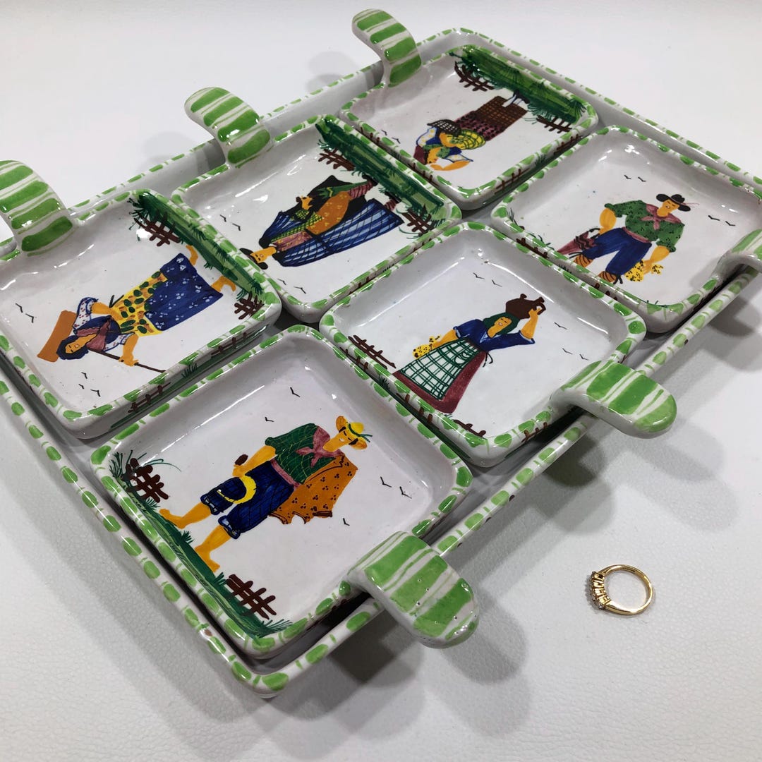 Italian MAJOLICA ANTIPASTIERA TRAY W/ 6 Removable Handled Dishes ~ Hand ...