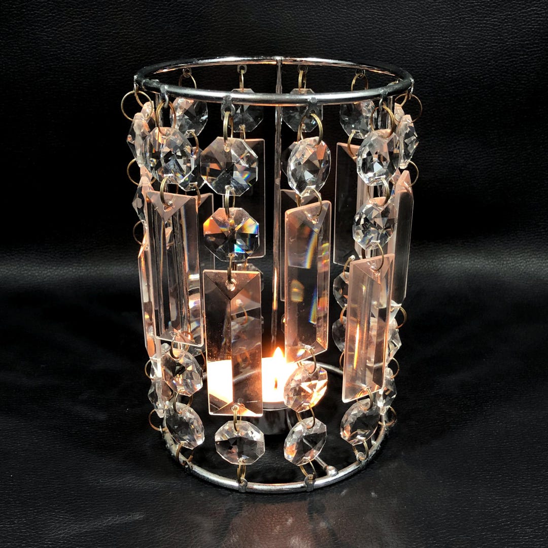 VOTIVE CANDLE HOLDER W/ Faceted Crystal Glass Prisms 6.5