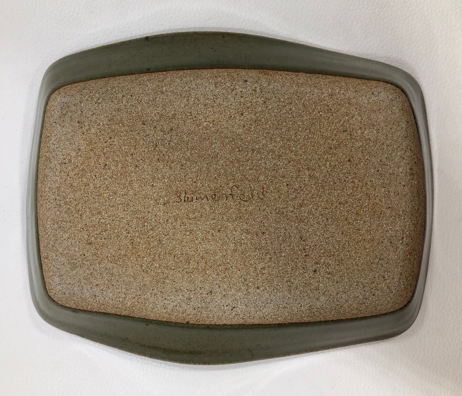 Signed MARK BLUMENFELD TRAY 8"x 6" ~ Green Glazed Ceramic Bowl W/ Hand ...