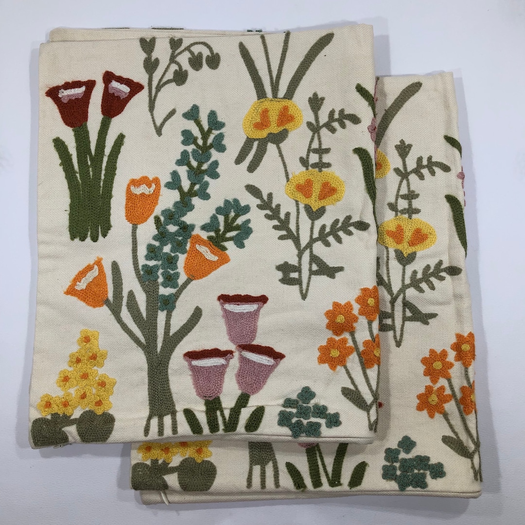 POTTERY BARN Crewel Embroidered Floral Lumbar Pillow Covers (2 ...