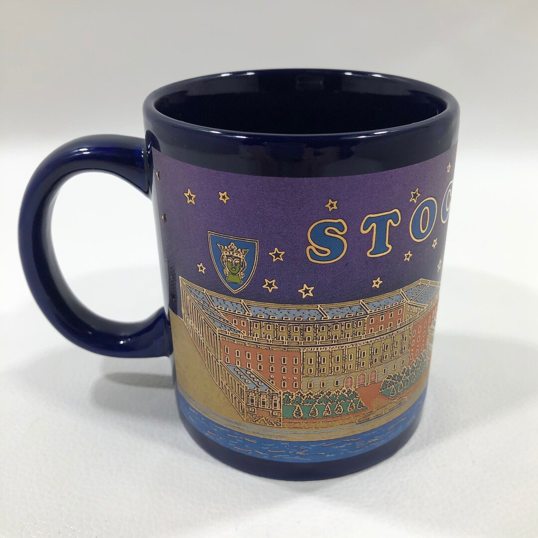STOCKHOLM SOUVENIR MUG W/ Swedish Architectural Landmarks Under Starry ...
