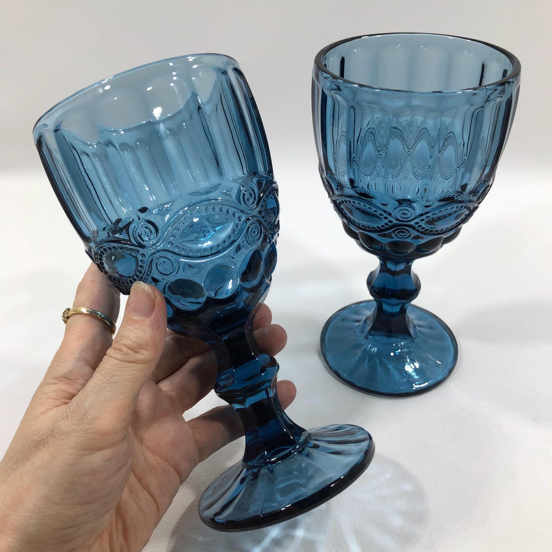 SAPPHIRE BLUE GOBLETS in Baroque Vintage Style Set of 2 heavy Footed ...