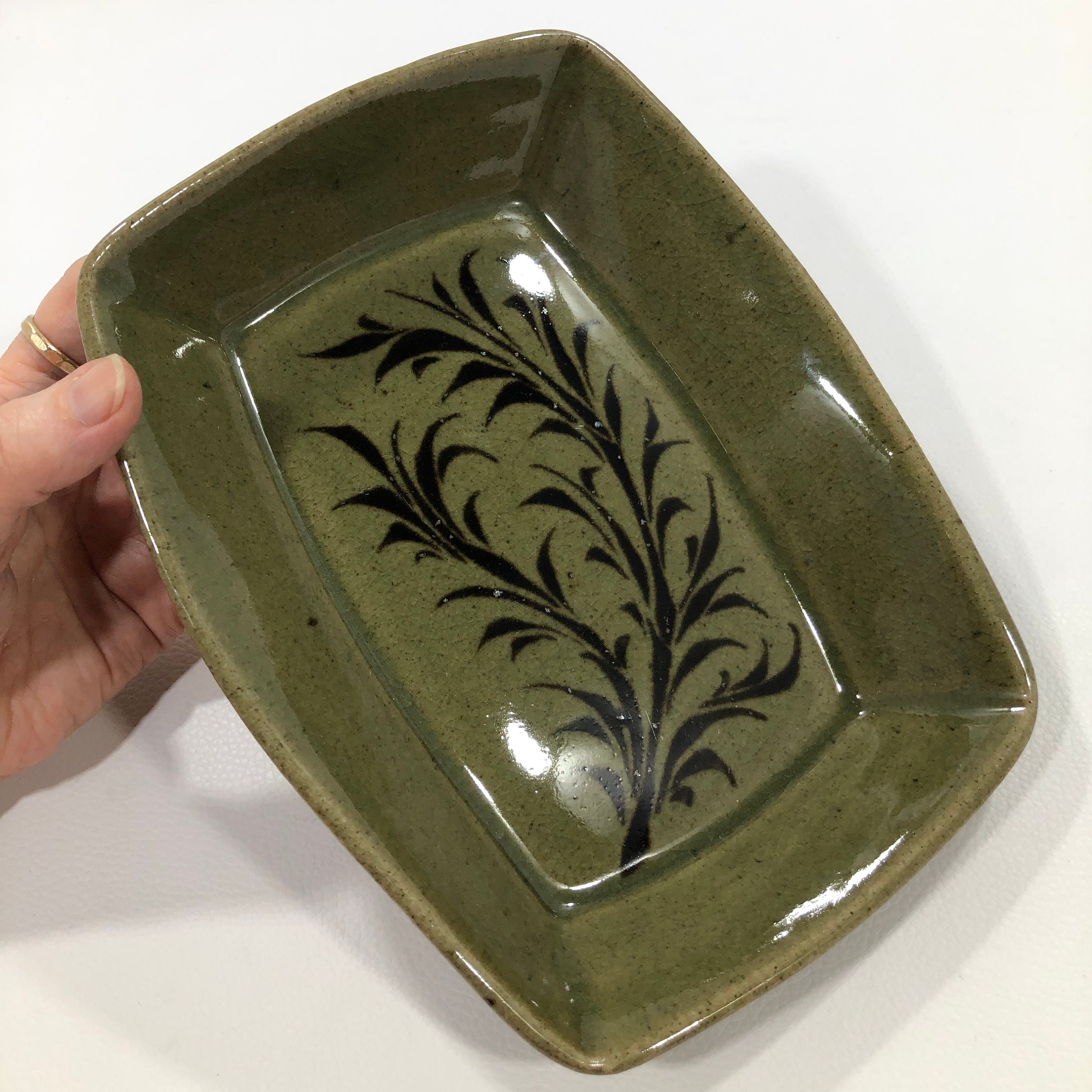 Signed MARK BLUMENFELD TRAY 8"x 6" ~ Green Glazed Ceramic Bowl W/ Hand ...