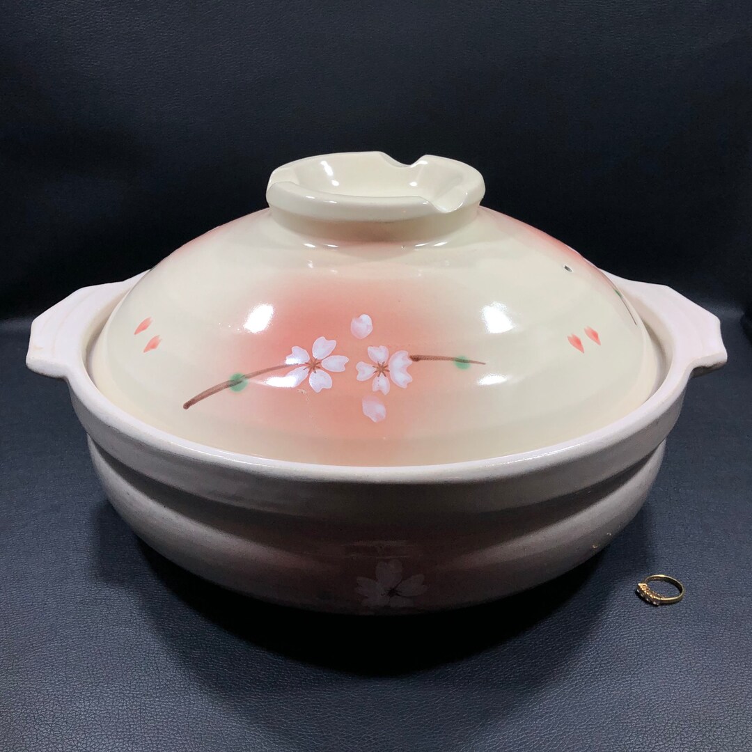 Japanese DONABE EARTHENWARE POT Covered Clay Casserole Beige/pink W ...