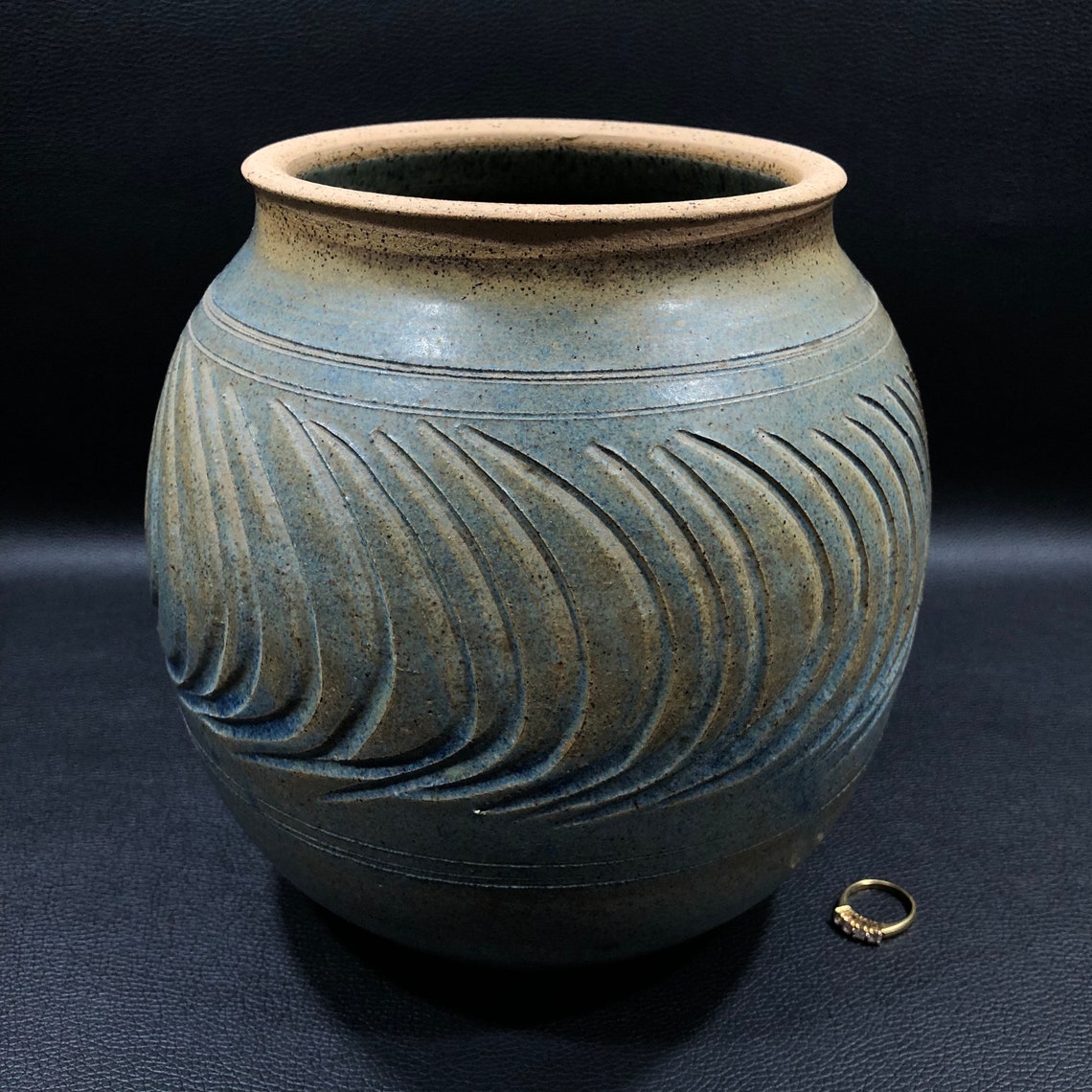 Massey Signed CARVED STONEWARE VASE Art Deco Style 7" ~ Round Wheel ...