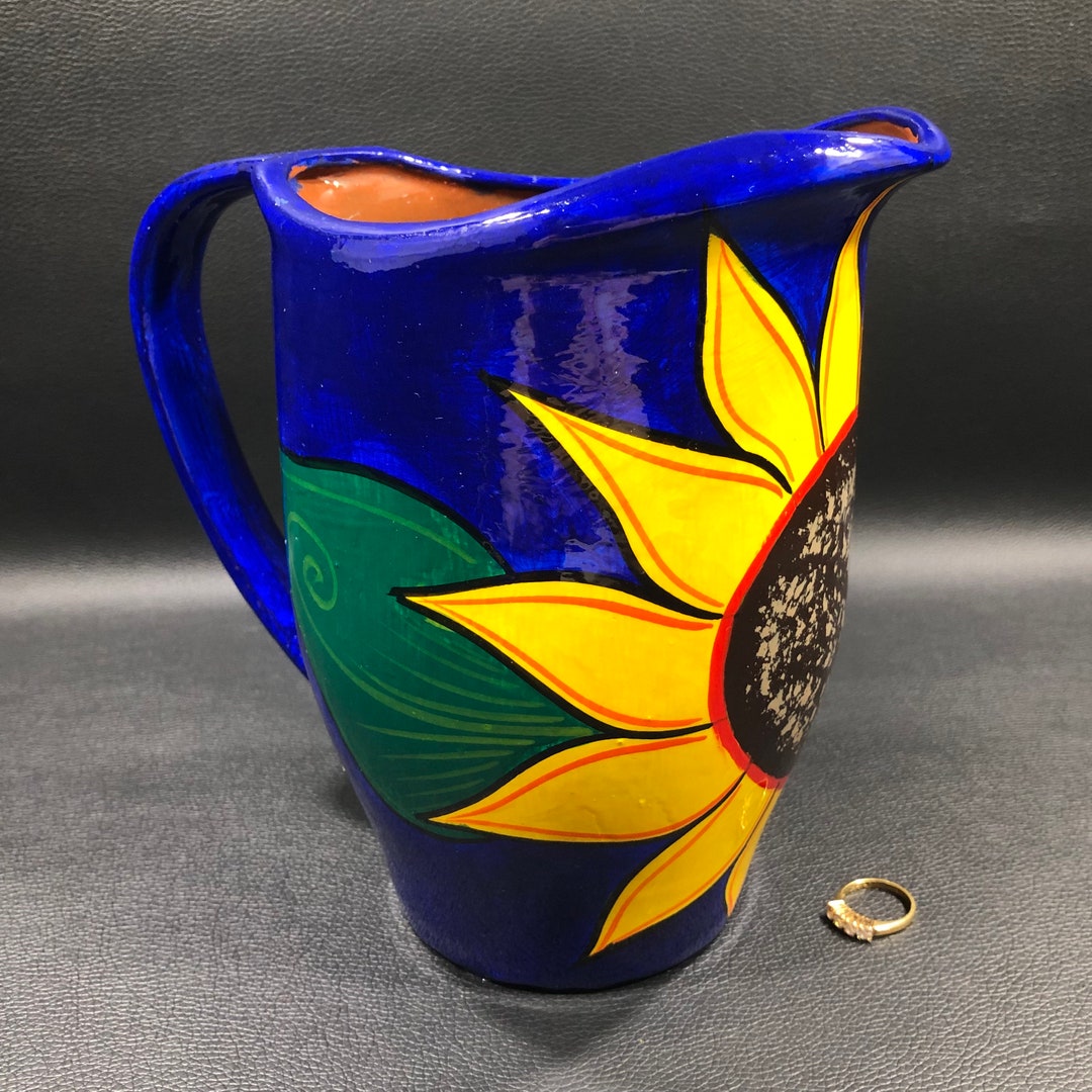 Mexican Terracotta Pottery SUNFLOWER PITCHER ~ Cobalt Blue Hand Painted ...