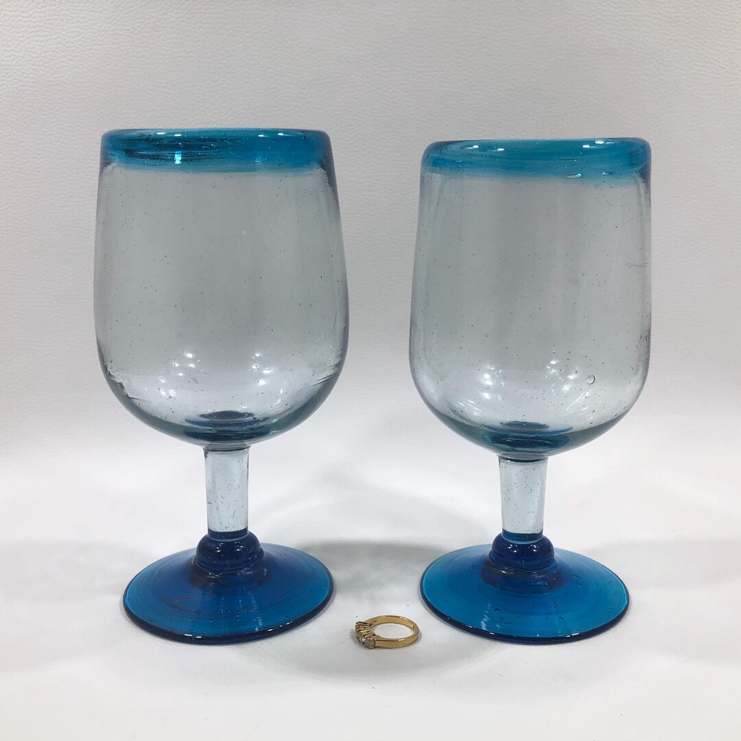 Mexican WATER/WINE GOBLETS W/ Teal Blue Rim & Base Set of 2 ~ Hand ...