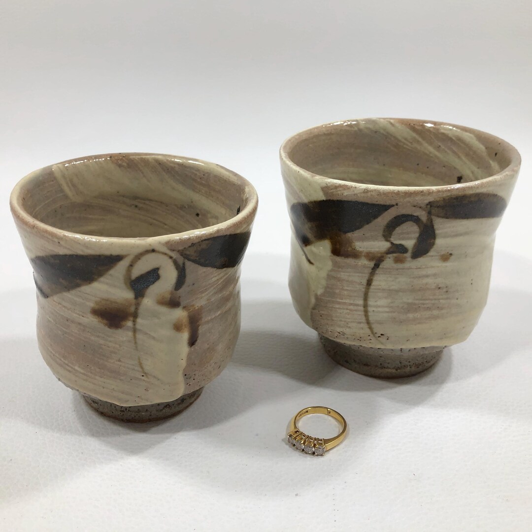 Japanese Mashiko-yaki Meoto YUNOMI TEA CUPS (2) ~ Beige Shoji Hamada ...