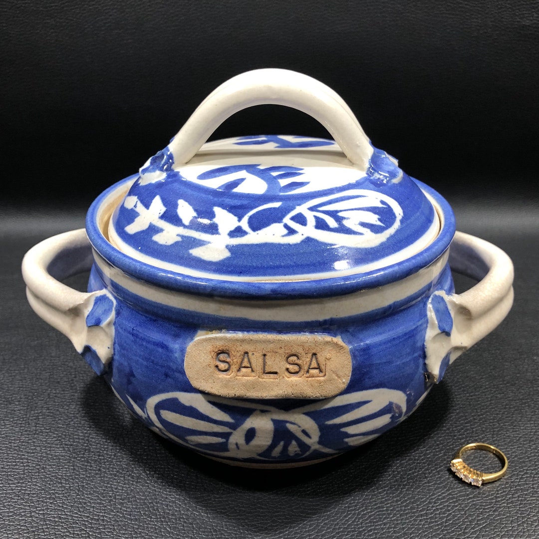 Signed COVERED SALSA POT W/ Handles ~ White/blue Glazed Wheel Thrown ...