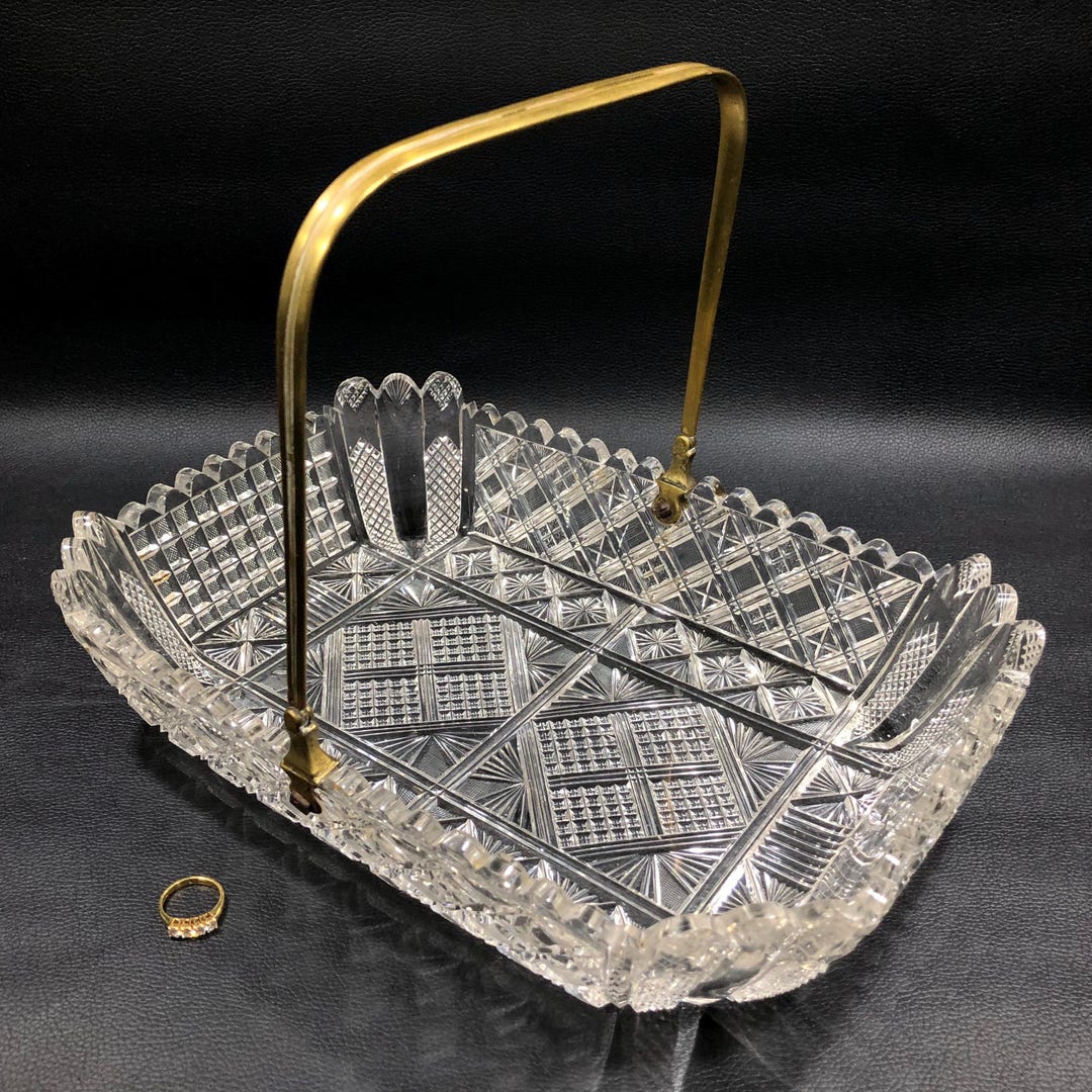 Antique CRYSTAL BREAD BASKET W/ Mounted Brass Handle 11.5" X 8" ~ Heavy ...
