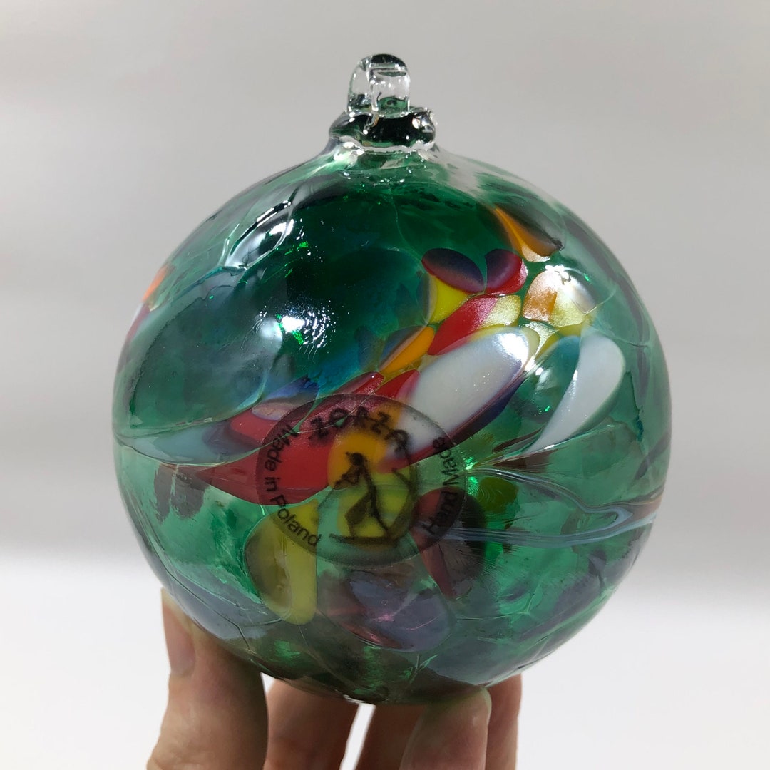 ZORZA SUNCATCHER ORB Hand Blown Studio Art Glass Made in Poland ~ Green W/ Blue Shimmer ...