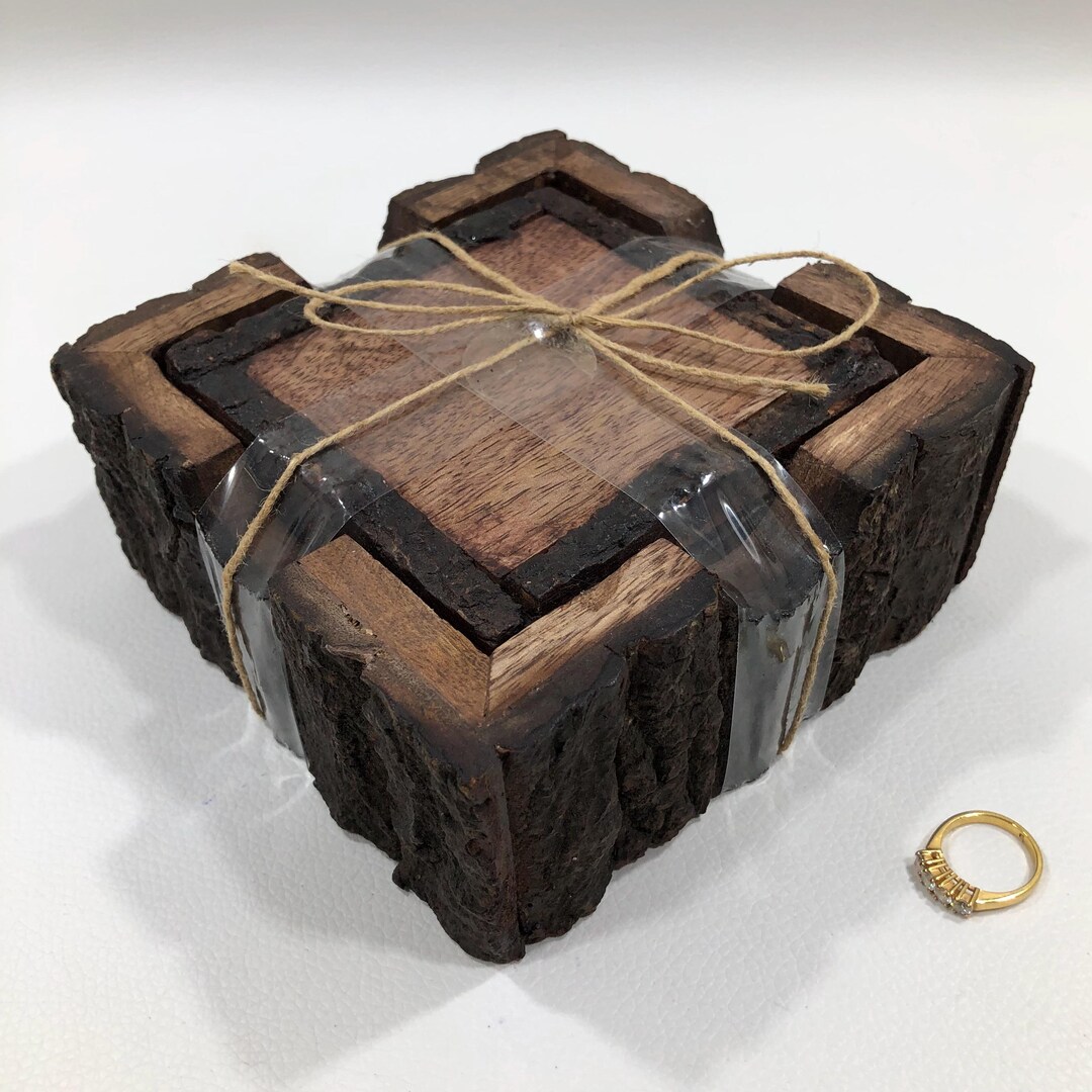 Rustic Live Edge WOODEN COASTER SET of 4 in Holder ~ Square Brown Mango ...