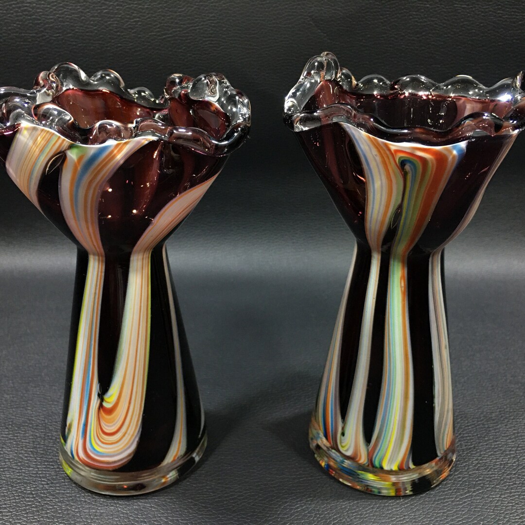 Pulled RAINBOW SWIRL VASES Murano Style Set of 2 Hand Blown Stretched ...