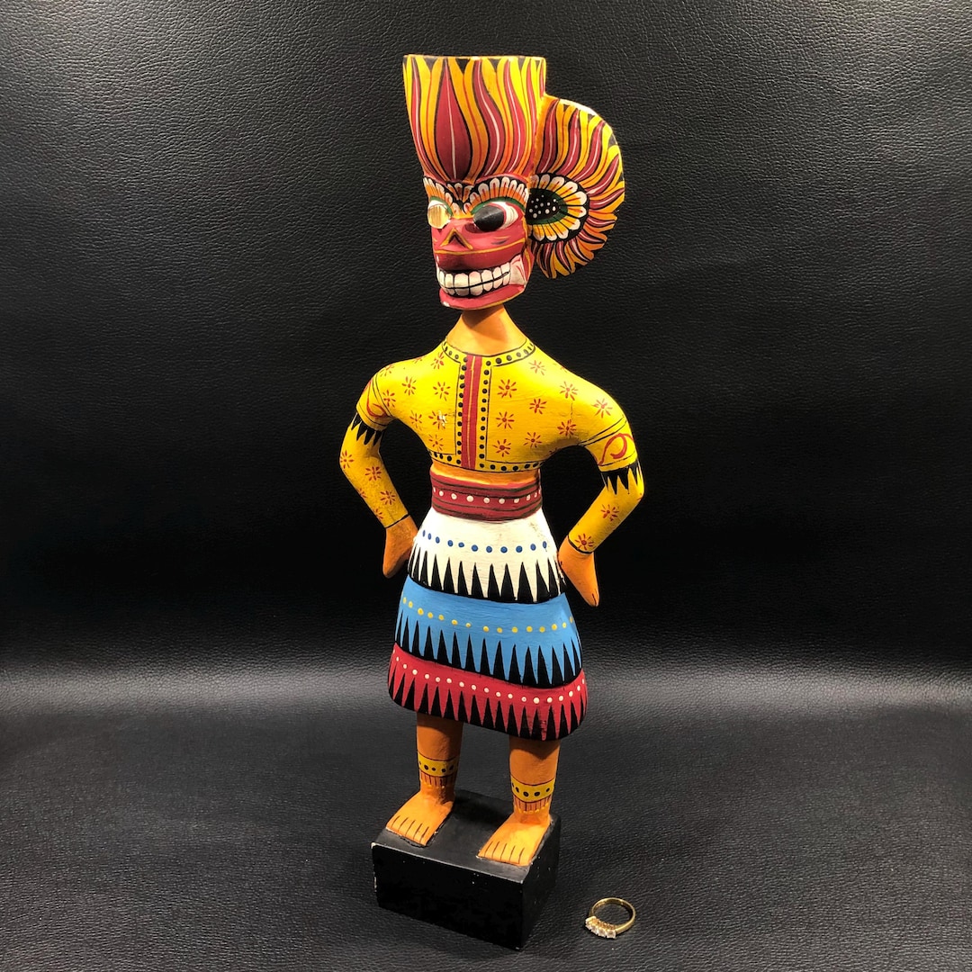 Sri Lankan Wooden GINI RAKSHA FIGURINE 13" *flawed* ~colorful Hand ...