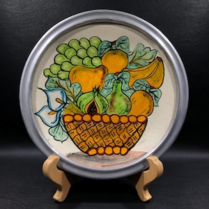 Mexican Pewter Encased TALAVERA POTTERY PLATE 11" ~ Round Terracotta ...