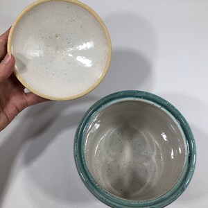 Signed STRIPED STONEWARE CANISTER Creamy White/turquoise Glazed Lidded Container Farmhouse ...