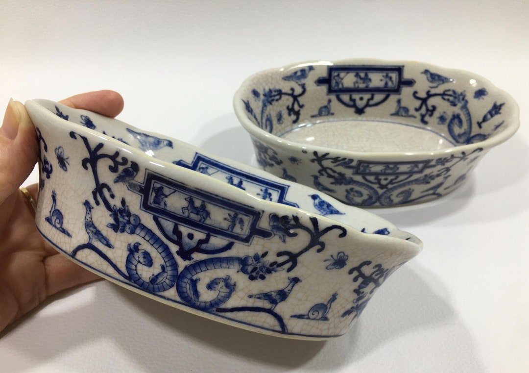 Vintage Chinese CERAMIC TRANSFERWARE DISHES Set of 2 oval Blue White ...