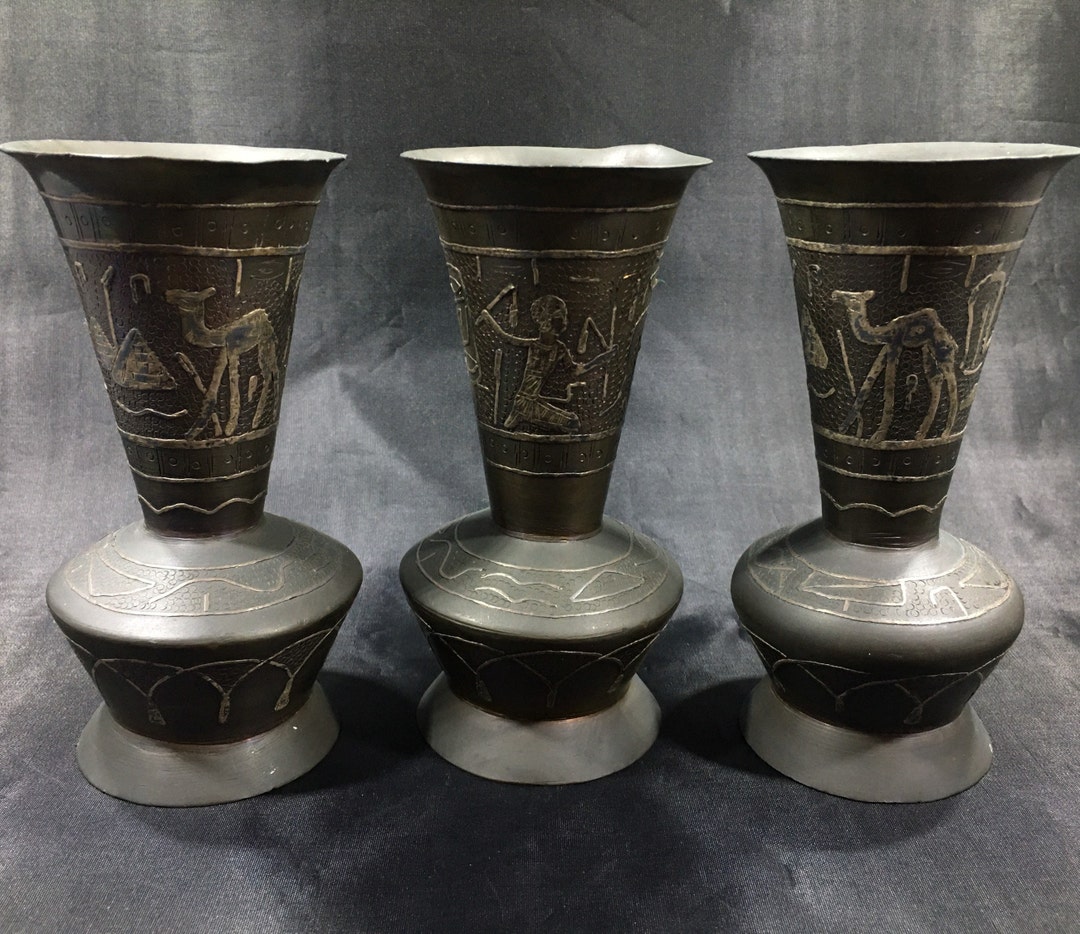 Vintage/antique EGYPTIAN CAIRO WARE Mamluk Copper Vases W/ Silver Inlay ...
