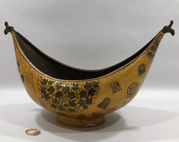 Kashmiri Boat Shaped Brass KASHKUL BEGGAR'S BOWL 12" ~ Lacquered Papier ...
