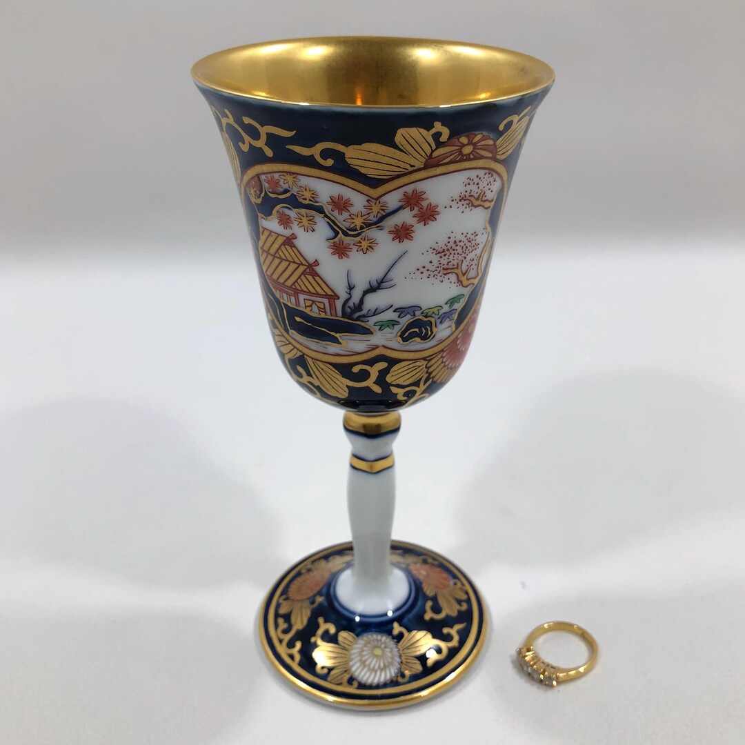 RINPA KO-IMARI Style Porcelain Long Stem Cup/wine Glass 6 Hand Painted ...