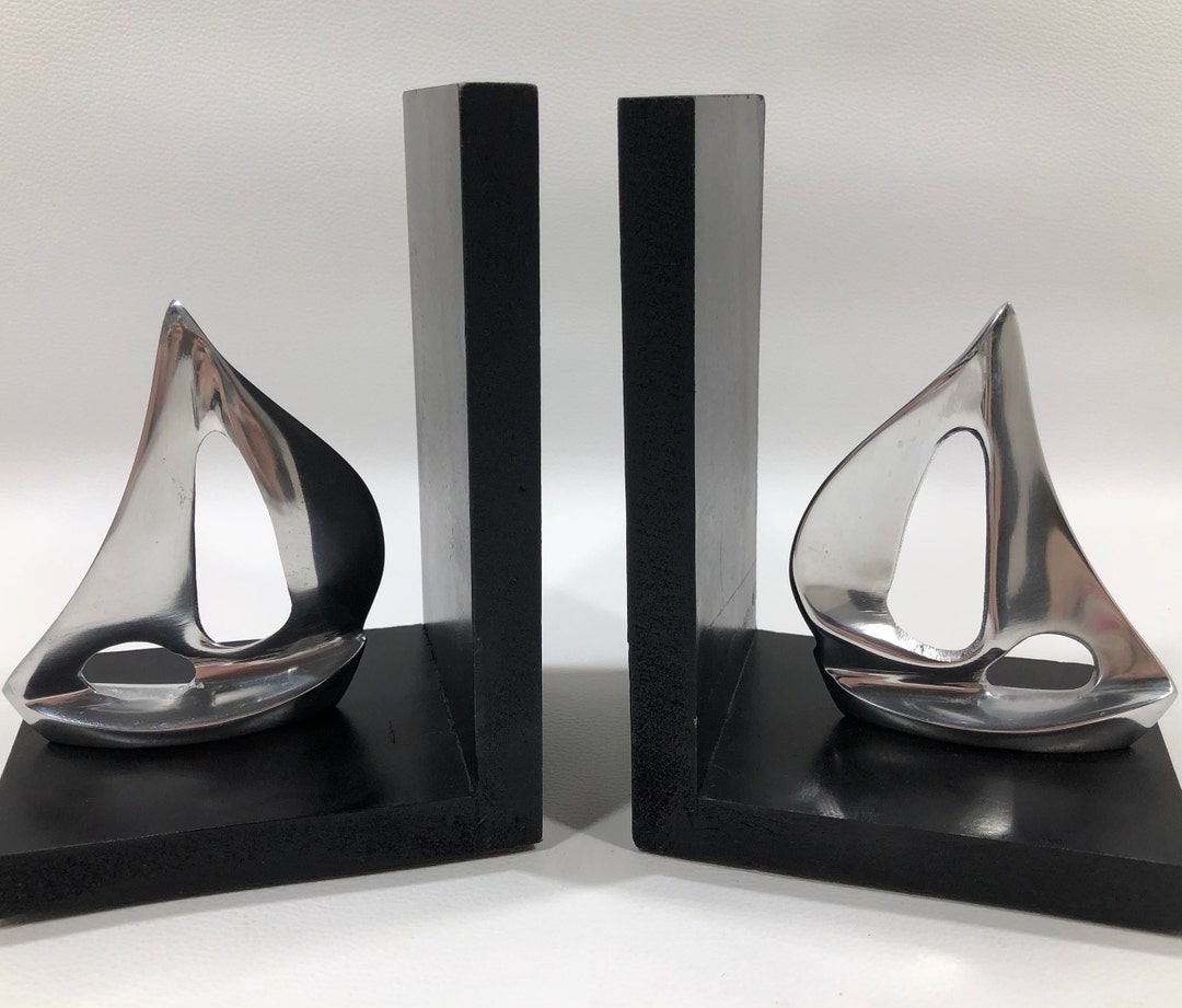 Black/silver SAIL BOAT BOOKENDS in Polished Aluminum on Wood Stands Set ...