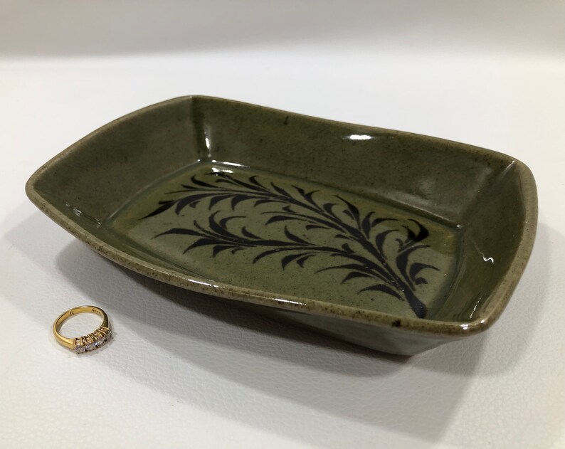 Signed MARK BLUMENFELD TRAY 8"x 6" ~ Green Glazed Ceramic Bowl W/ Hand ...