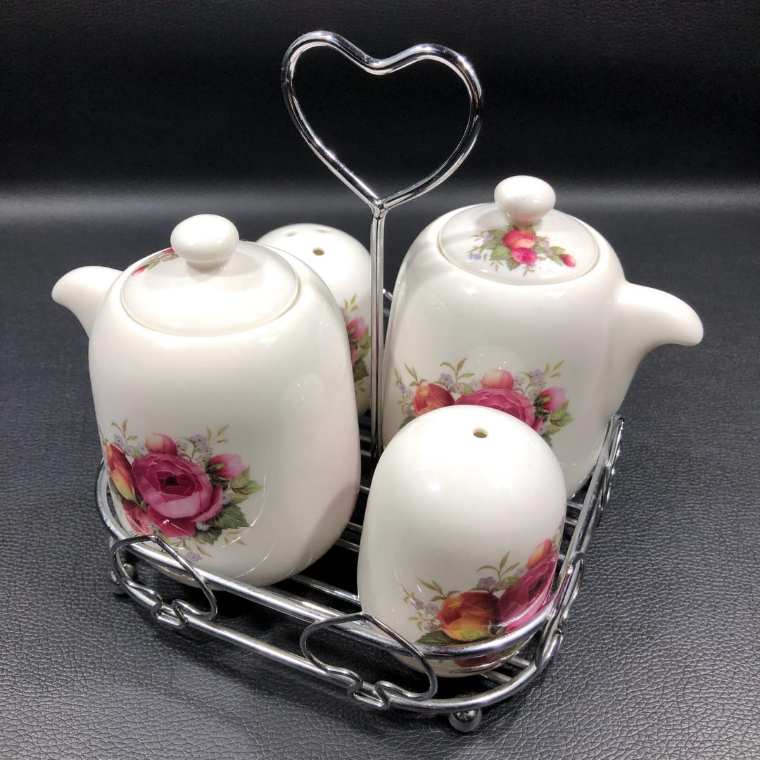 Korean PORCELAIN CONDIMENT SET W/ Metal Caddy ~ Lightweight Fine Bone ...