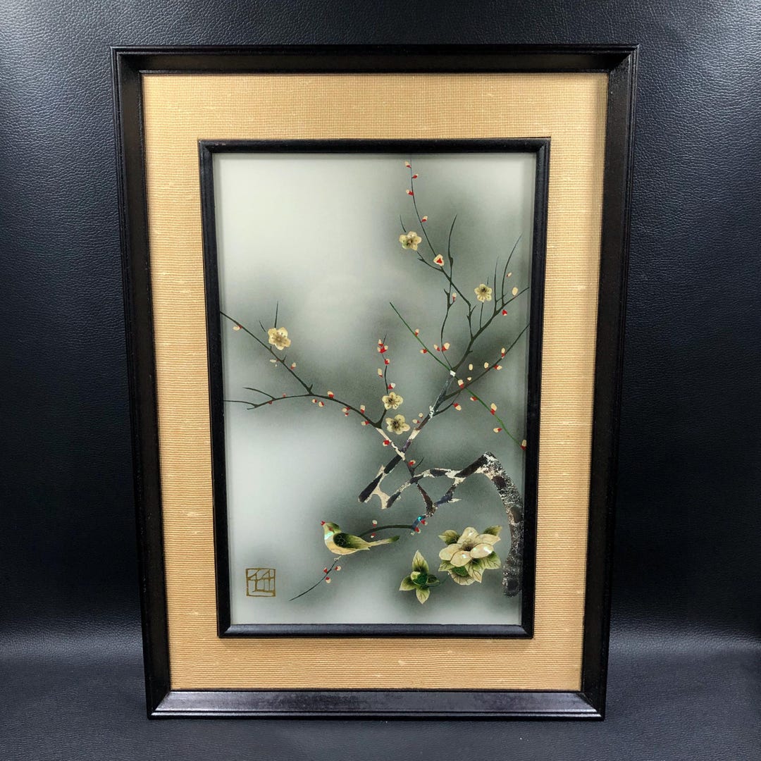 Japanese RADEN SHELL PAINTING W/ Spring Bird & Plum Blossoms 17" X 12 ...