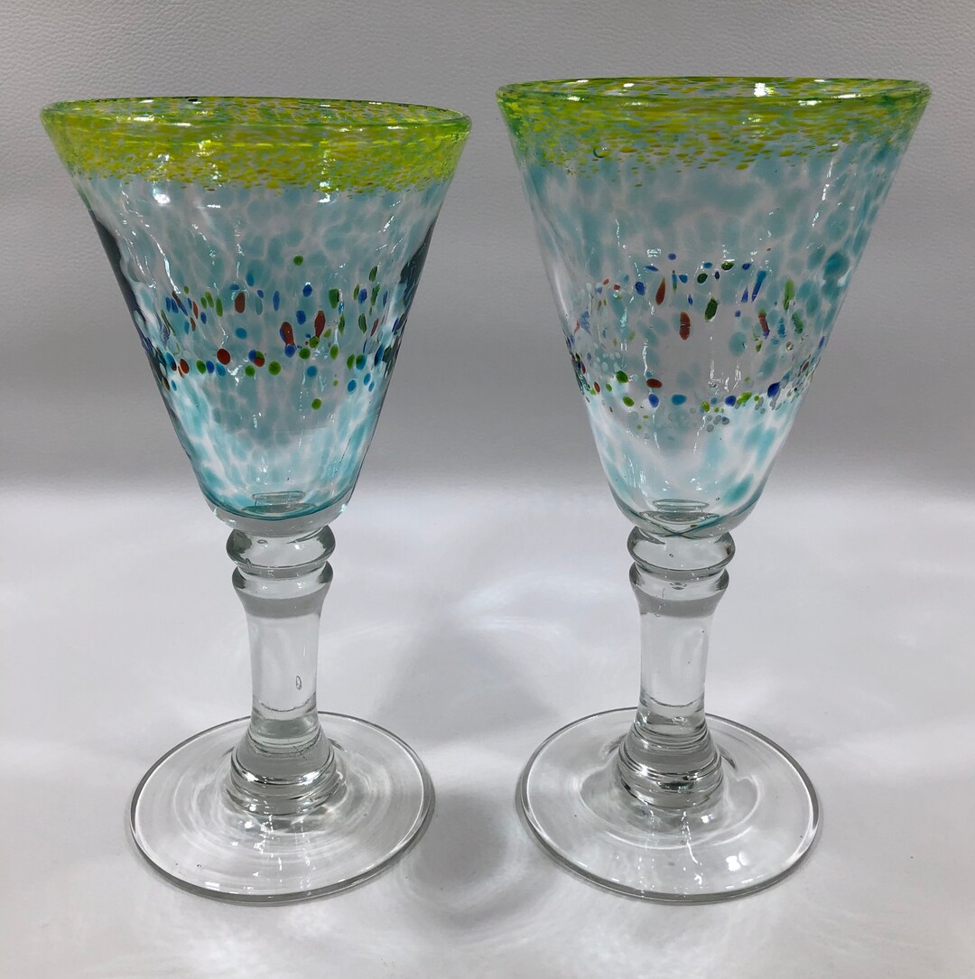 Hand Blown Mexican AMICI CONFETTI GOBLETS Set of 2 ~green/blue/red ...